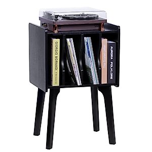 Urban Deco Record Player Stand, Vinyl Record Storage Table with 4 Cabinet for 7" and 10" Record, Small Turntable Stand with Record Storage, Vinyl Record Table for Bedroom Living Room, Black