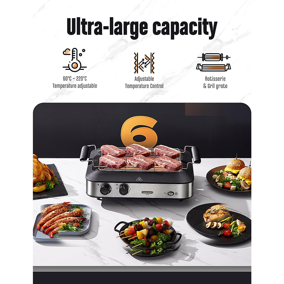 SINOPUREN Electric Grill TG101, Indoor BBQ Rotisserie, with Adjustable Temperature Control, Removable Grill & Griddle Nonstick Plates, 1600w Fast Heat Up, Stainless Steel, Dishwasher Safe