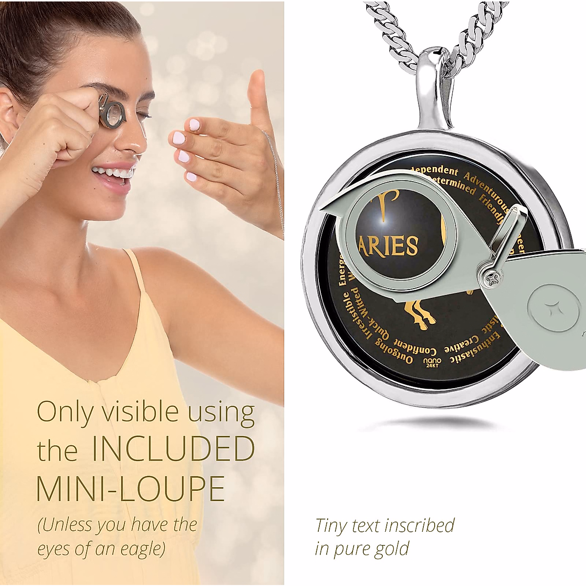 925 Sterling Silver Aries Necklace Zodiac Pendant Star Sign Birthdays 21st March to 19th April Jewelry Inscribed in 24k Gold on Black Onyx Gemstone, 18" Rolo Chain