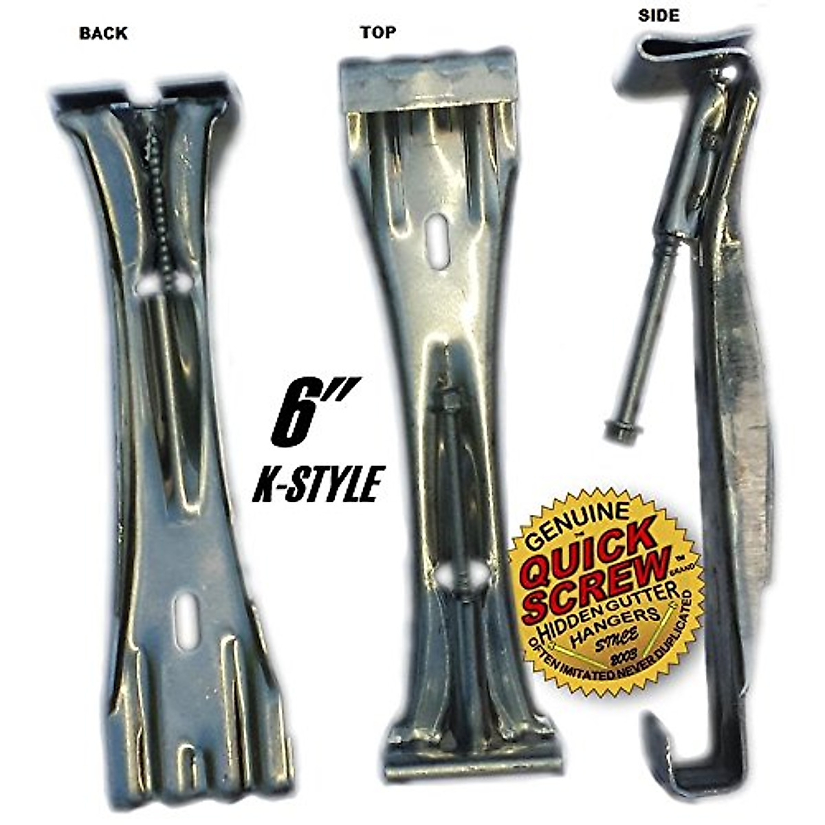 Quick Screw 6" inch Aluminum Hidden Rain Gutter Bracket Hook Clip Style Hangers with pre Inserted 3" Long ¼" hex Head self Drilling Screw (100 Per Package)