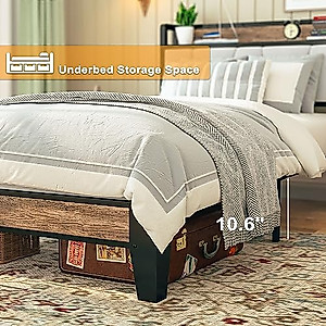 LIKIMIO Twin Bed Frames, Storage Headboard with Charging Station, Solid and Stable, Noise Free, No Box Spring Needed, Easy Assembly (Walnut and Beige)