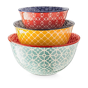 DOWAN Mixing Bowls, Ceramic Mixing Bowls for Kitchen, Colorful Vibrant Nesting Bowls for Cooking, Baking, Prepping, Serving, Salad, Housewarming Gift, Microwave Dishwasher Safe, 3.7/2/1 Qt, Set of 3