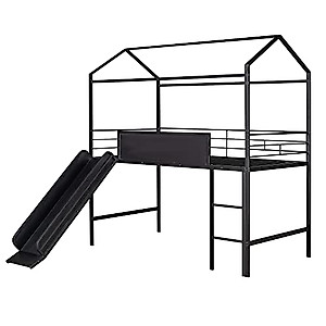 BOVZA Twin Size Metal House Loft Bed with Slide and Roof, Multifunctional Loftbed Frame with Two-Sided Writable Wooden Board, Black