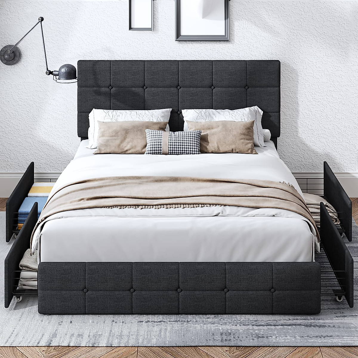 Modern Upholstered Bed Frame with 4 Storage Drawers, Platform Bed with Adjustable Button Tufted Headboard, Solid Wooden Slat Support, Easy Assembly, Full Size, Black