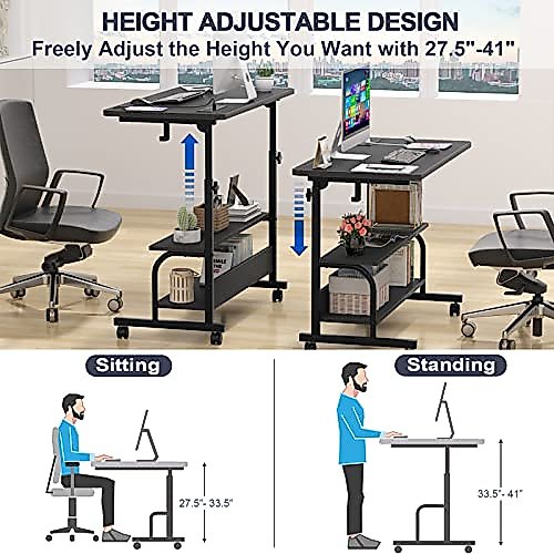 Height Adjustable Standing Desk with Power Outlets, 32" Manual Stand Up Desk with Storage Shelves Small Mobile Rolling Computer Desk Portable Laptop Table with Wheels for Home Office, Black