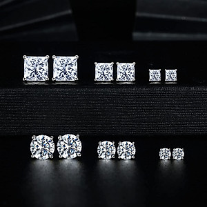 18K White Gold Plated Round Princess Cut Clear Cubic Zirconia Stud Earring of 6 Pairs (6 Pairs)