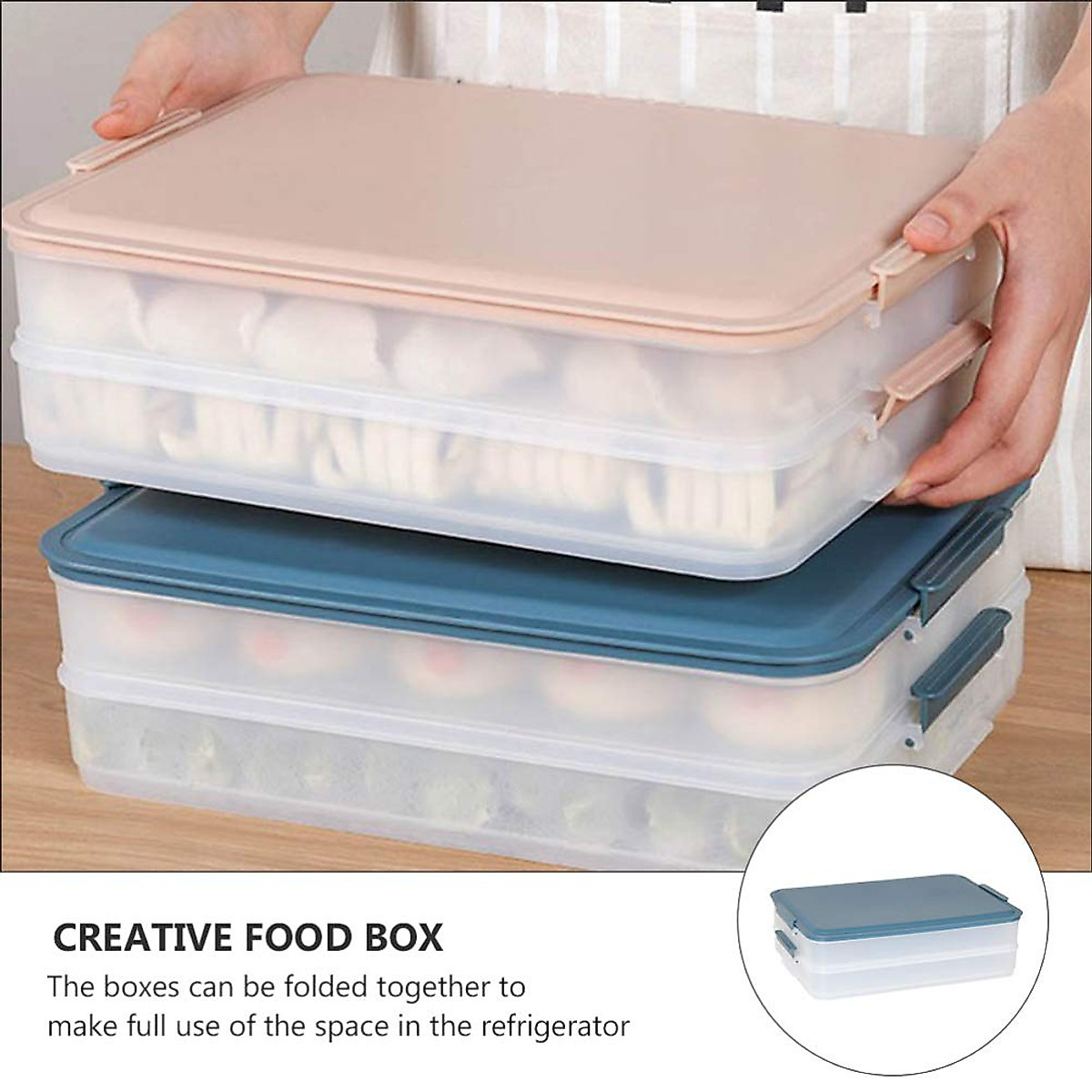 Hemoton Reusable Stackable Dumpling Food Containers Storage Organizer Dumpling Box Bins Holder with Lids for Refrigerator Blue