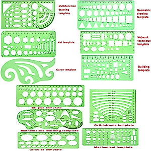 QincLing 11 Pieces Geometric Drawings Templates Stencils Plastic Measuring Template Rulers Clear Green Shape Template for Drawing Engineering Drafting Building School Office Supplies