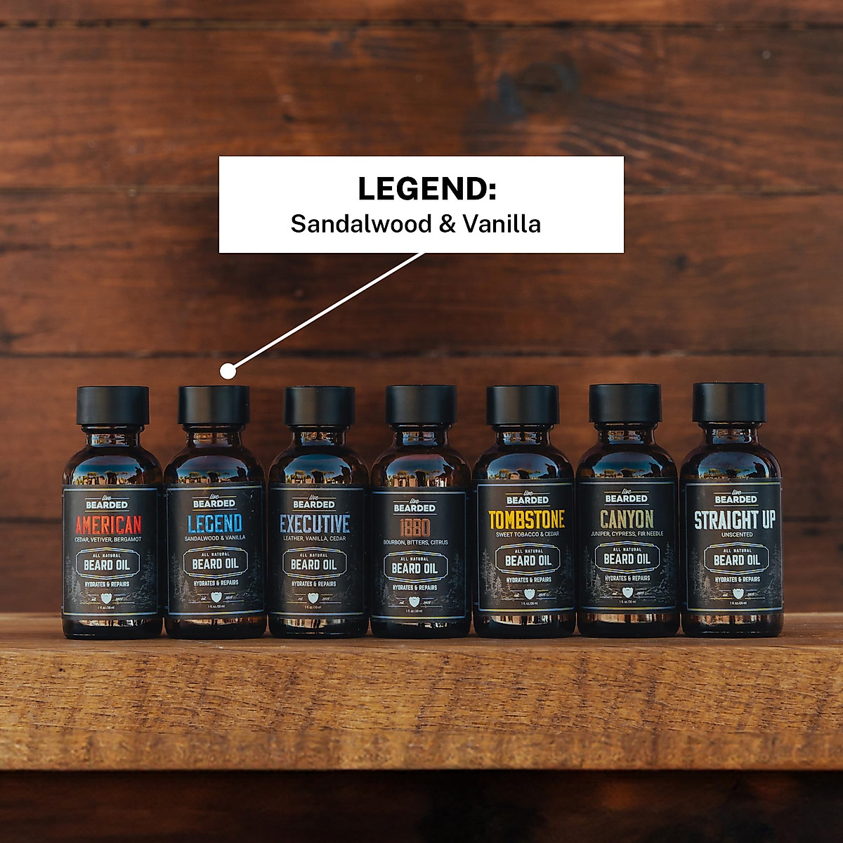 Live Bearded Beard Oil, 1 fl oz - Premium All-Natural Jojoba - Made in the USA - Hair and Skin Care for Men with Dry, Flaky Patches | Legend Scent - Sandalwood, Vanilla