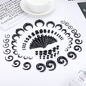 Magitaco 84 PCS Ear Stretching Kit Ear Gauges Expander Set Acrylic Tapers and Plugs Silicone Tunnels Horseshoes Taper Spiral Tapers Gauges for Ears Black