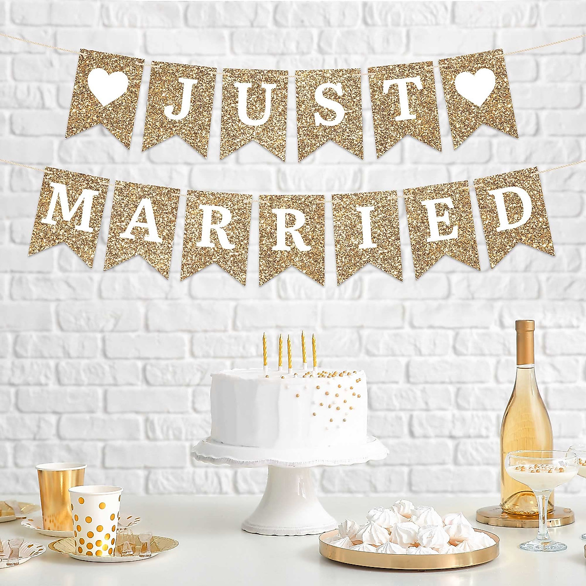 Pre-Strung Just Married Banner - NO DIY - Gold Glitter Wedding Party Banner - Pre-Strung Garland on 6 ft Strands - Gold Wedding Reception Party or Car Decorations & Decor. Did we Mention no DIY?