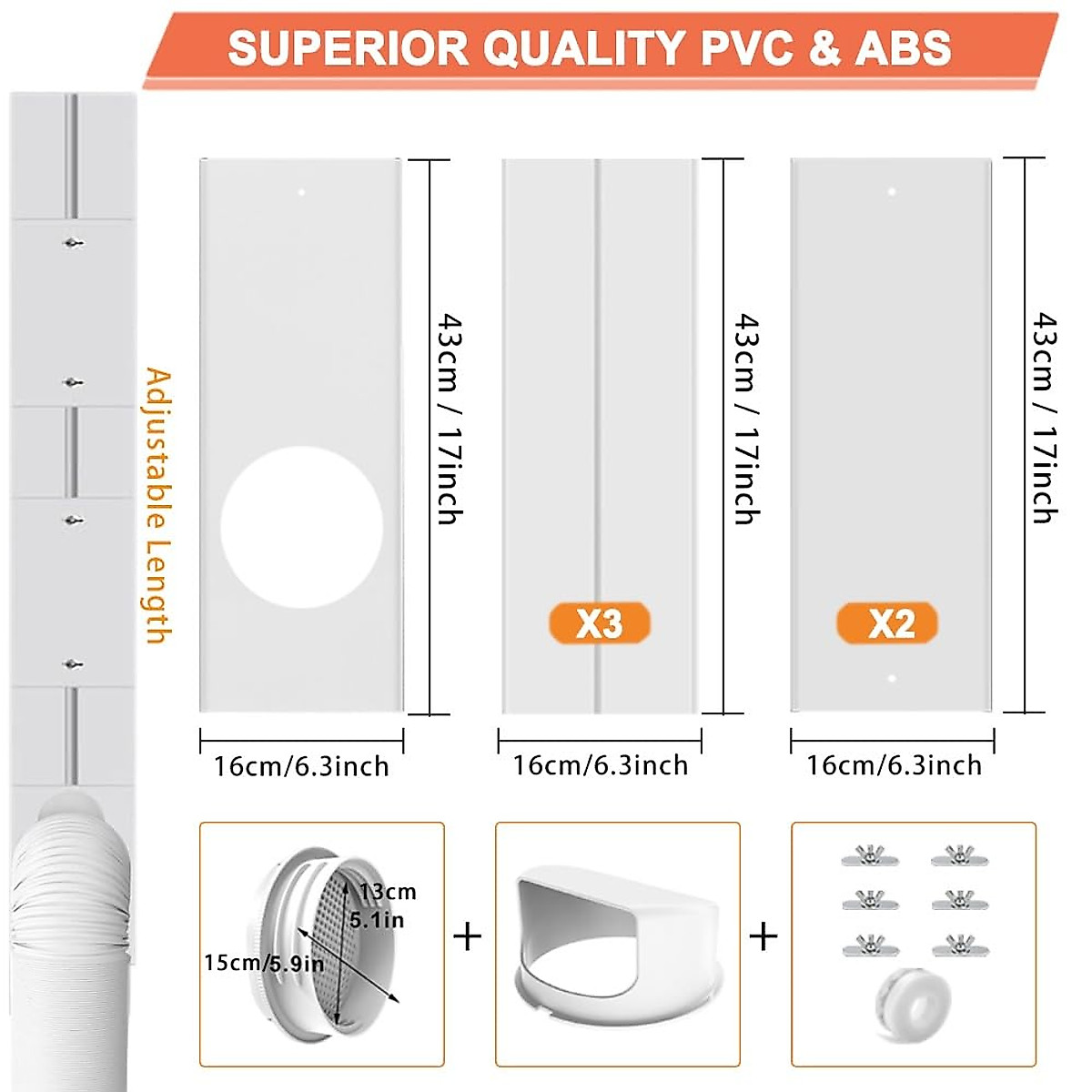 Complete 6-Piece Window Seal Kit for Portable Air Conditioner - Fits Sliding Windows and Doors - Extends up to 87in - Includes 5.9in Exhaust Hose and Rain Cover