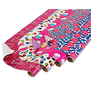 American Greetings Reversible Birthday Wrapping Paper, Floral, Cupcakes, and Polka Dots (4 Rolls, 120 sq. ft)