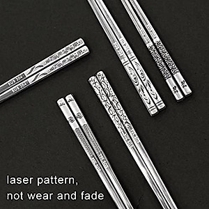 5 Pairs Stainless Steel Chopsticks JOMUCO Reusable Metal Chopsticks Dishwasher Safe Laser Engraved Pattern Chinese Korean Japanese Chopsticks Gift Set Easy to Use and Clean (Silver)