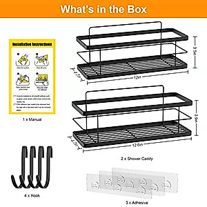Large Shower Caddy Basket Shelf, 2 Pack, Bathroom Storage Organizer with 4 Hooks, Adhesive No Drilling Wall Mounted Shower Rack, Rustproof SUS304 Stainless Steel Shower Organizer for Kitchen - Black