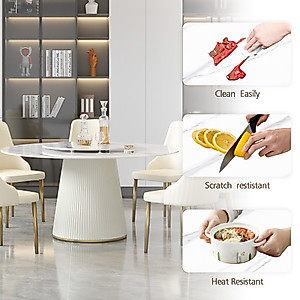 59'' Round Marble Dining Table for 6,Modern White Marble Sintered Stone Round Kitchen Table with Lazy Susan,Faux Marble Dining Table with Solid Wood Pedestal,Wrapped in PU Leather(Only Table)