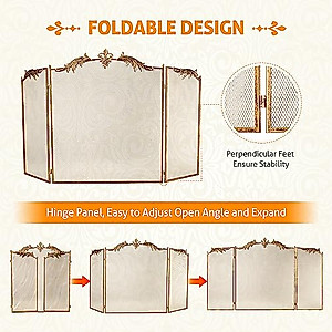 WICHEMI Fireplace Screen 3 Panel Folding Fireplace Screens 50.4 x 32.3 Inch Metal Furnace Fireguards Mesh Cover Baby Safe Proof Fence Spark Guard Cover Wrought Iron Fire Place Standing Gate (Golden)
