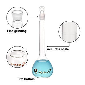 OLYCRAFT 4pcs Volumetric Flask 10ml/25ml/50ml/100ml Volumetric Flask Set with Glass Cap Durability & Chemical Resistance Glass Bottle for Laboratory Project