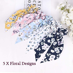 12 Pcs Hair Scarf/ Scrunchies Chiffon Floral Ponytail Holder Scrunchy Bands Ties 2 in 1 Vintage Accessories for Women Girls