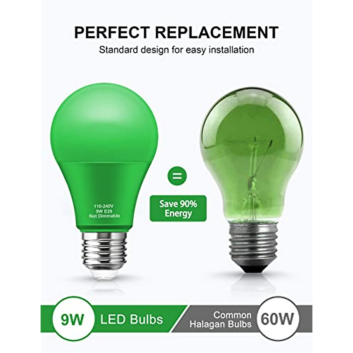 Woxeon 4 Pack A19 Green LED Light Bulbs, 9W Equivalent, Outdoor, Party, Christmas, Halloween, Home, Holiday Lighting