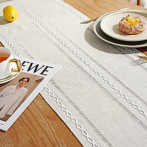 Rustic Farmhouse Style Linen Table Runner, Boho Handmade Tassel Embroidered Table Runners 72 Inches Long for Holiday Party, Wedding and Dining Decorations, 13 x 72 inch - Ivory