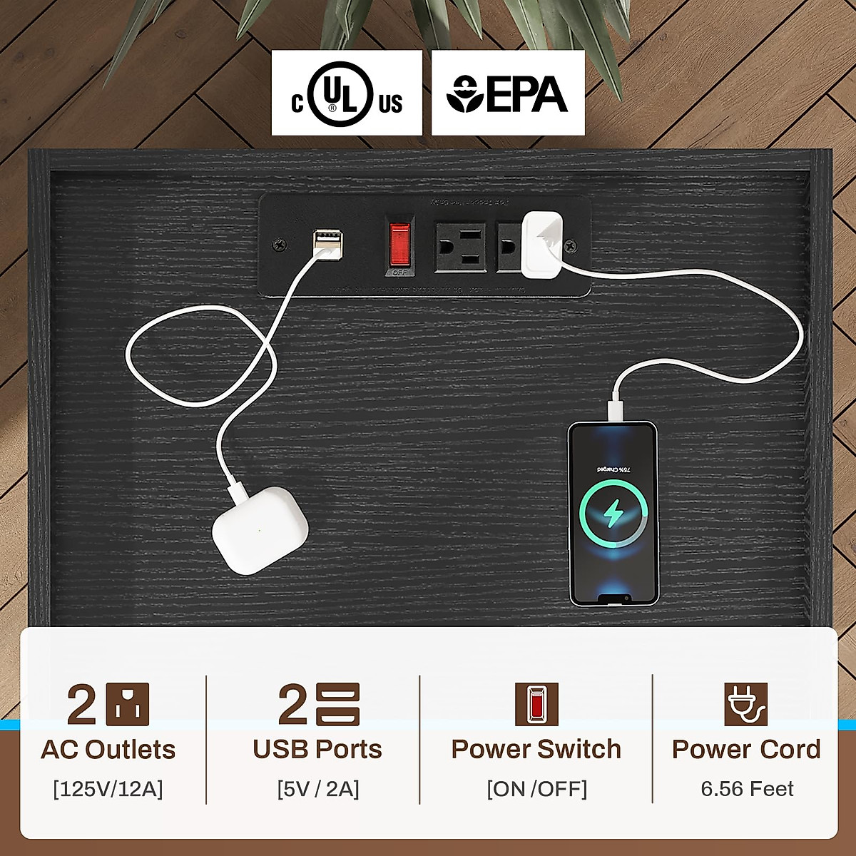 Hasuit Nightstand Set of 2 with Charging Station, LED Lights, 3 Drawers, and Open Storage - Modern Black Bedside Tables