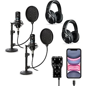 Movo Smartphone Podcast Microphone Bundle for iPhone, iPad - 2X Condenser Microphone, 2X Desktop Mic Stand, 2X Studio Headphones, Dual Channel XLR Interface - Studio Microphone for Streaming Kit