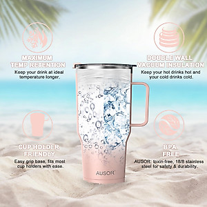 AUSOR 30 oz Tumbler with Lid and Straw,Water Bottle with Handle,Insulated Stainless Steel Tumbler for Hot & Cold, Coffee Travel Mug Cups Reusable Pink
