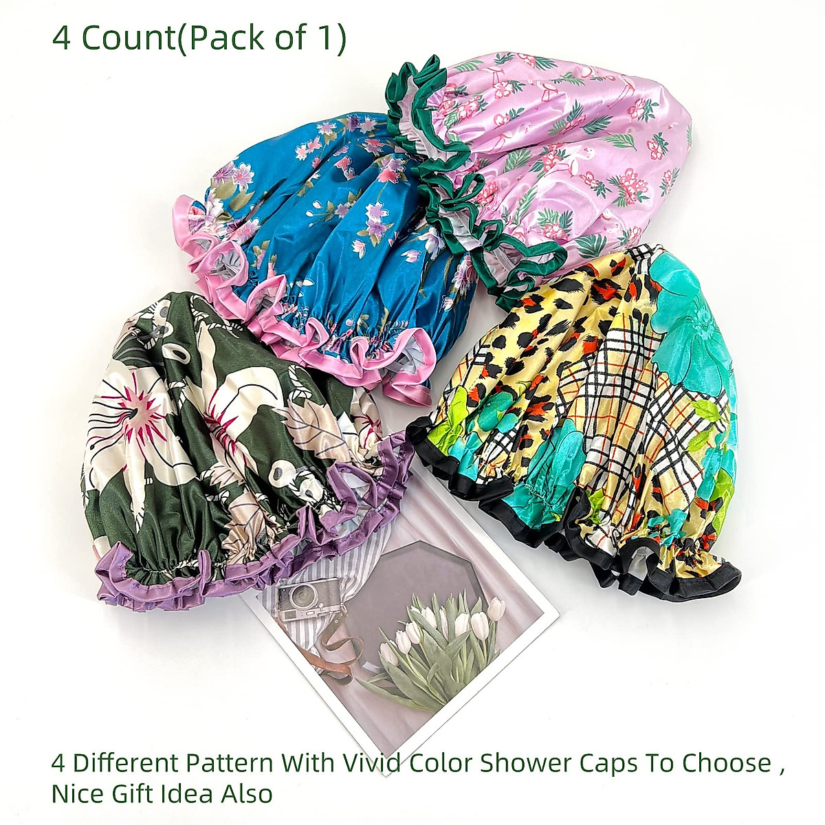 4 Pcs Double Layers Reusable Extra Large Shower Caps Waterproof, Elastic Satin Shower Cap For Women, Hair Bath Cap Bathing Shower Hat XL