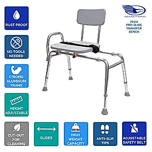 Pro-Slide Bathtub Transfer Bench and Sliding Shower Chair with Cut Out for Additional Cleaning (70311). Multiple Safety Features, Tool-Less Assembly, Height Adjustable and High Weight Capacity.