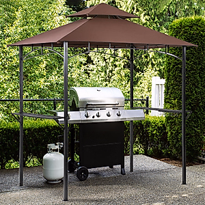 8'×5' Grill Gazebo, Outdoor BBQ Gazebo with Double Tier Canopy Roof, Barbeque Gazebo with 2 Shelves