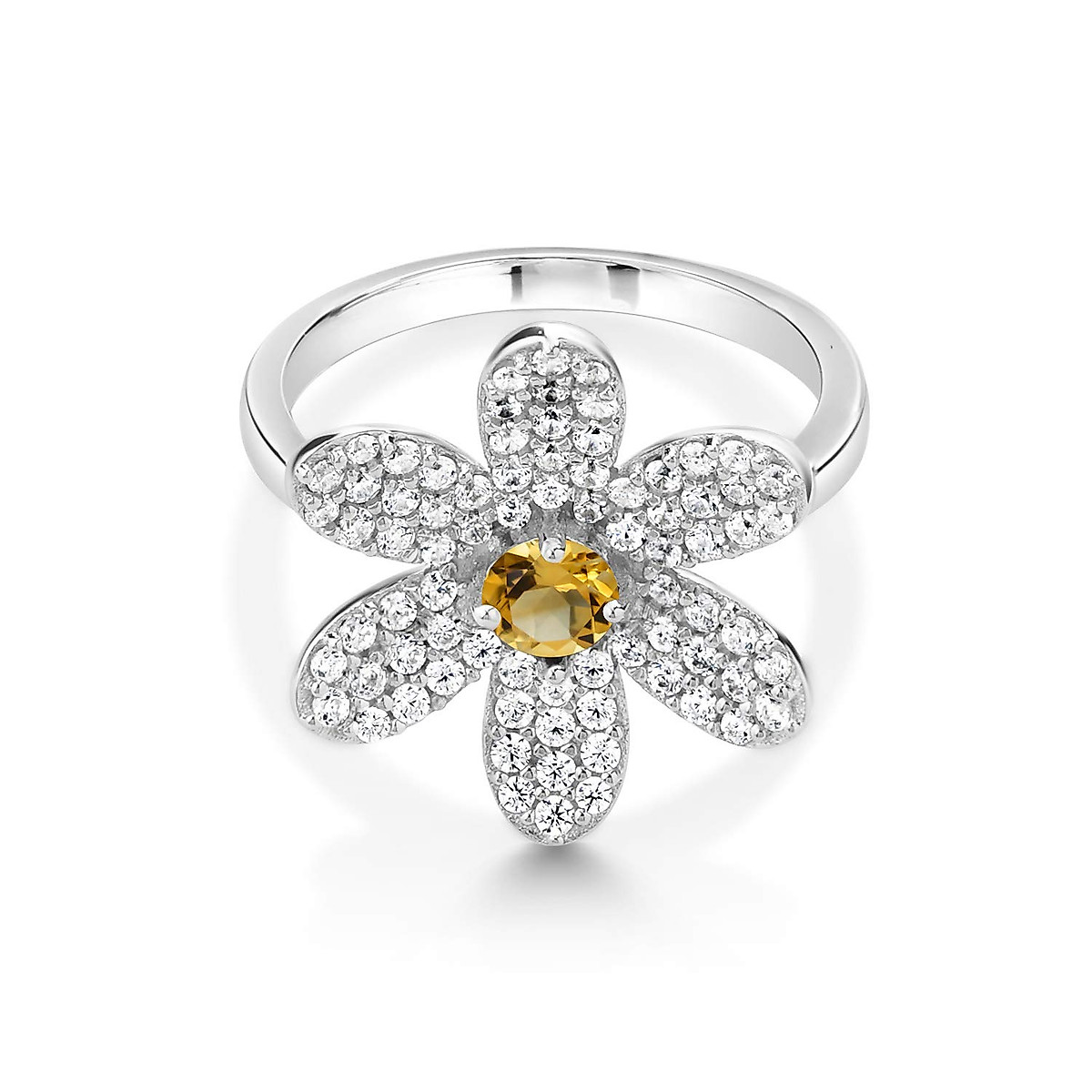 Gem Stone King 925 Sterling Silver 4MM Round Gemstone Birthstone Flower Ring For Women By Keren Hanan | Available in Size 5,6,7,8,9