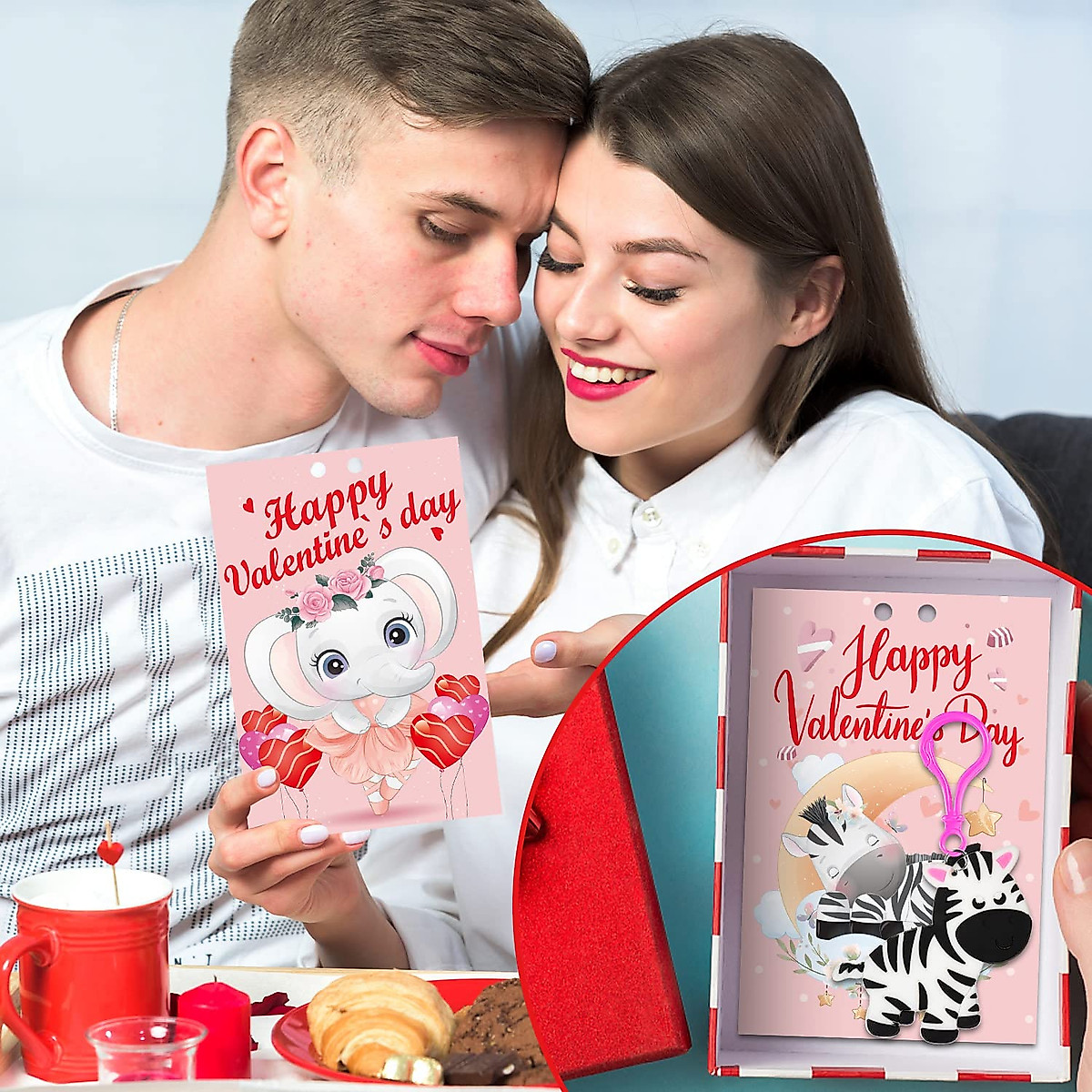 64 Valentines Day Cards with Animal Key Chains, Valentines Exchange Gifts Pendant Greeting Cards for Kids Teacher Prizes Activity Farmland Classroom Party Favors Decorations