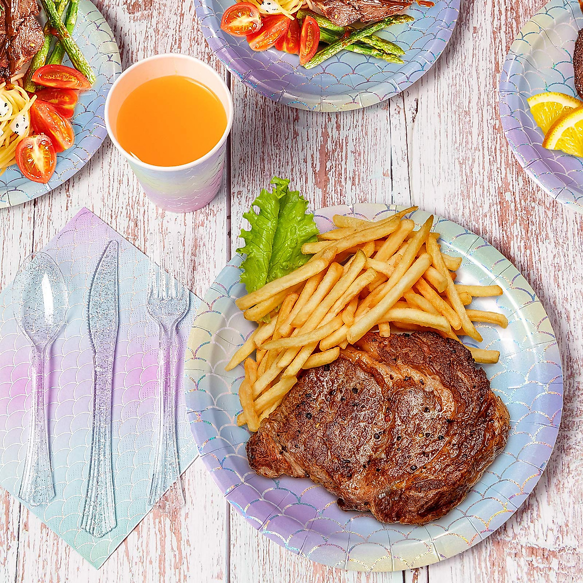 Tiblue Mermaid Party Supplies - 350PCS Disposable Dinnerware with Mermaid Paper Plates Napkin Cups Gold Plastic Fork Knives Spoon for Girls Birthday Baby Shower Ocean Theme Summer Graduation Party