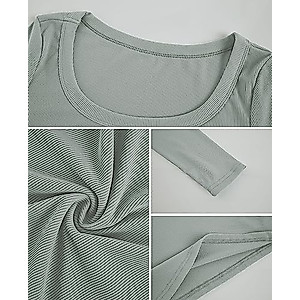 Lynwitkui Women's Ribbed Long Sleeve Tops Scoop Neck Slim Fitted Solid Casual T-Shirt Light Green
