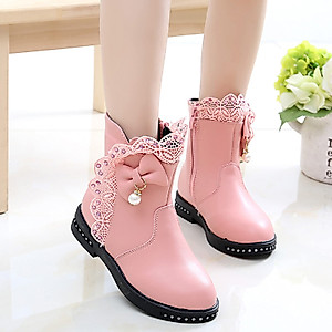 PU Leather Butterfly Knot Princess Shoes for Little Kid/Big Kids Girls 4-12 Years Non-Slip Fur Lining Boots Snow Boots (Pink, 4-4.5Years)