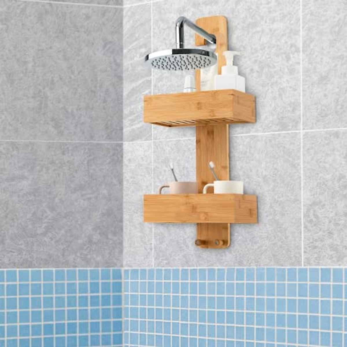 LOKO Bamboo Hanging Shower Caddy, Natural & Waterproof Bamboo Shower Rack w/ 2 Storage Baskets & 2 Hanging Hooks, 2-Tier Bathroom Shower Organizer Holder for Shampoo, Conditioner, Soap