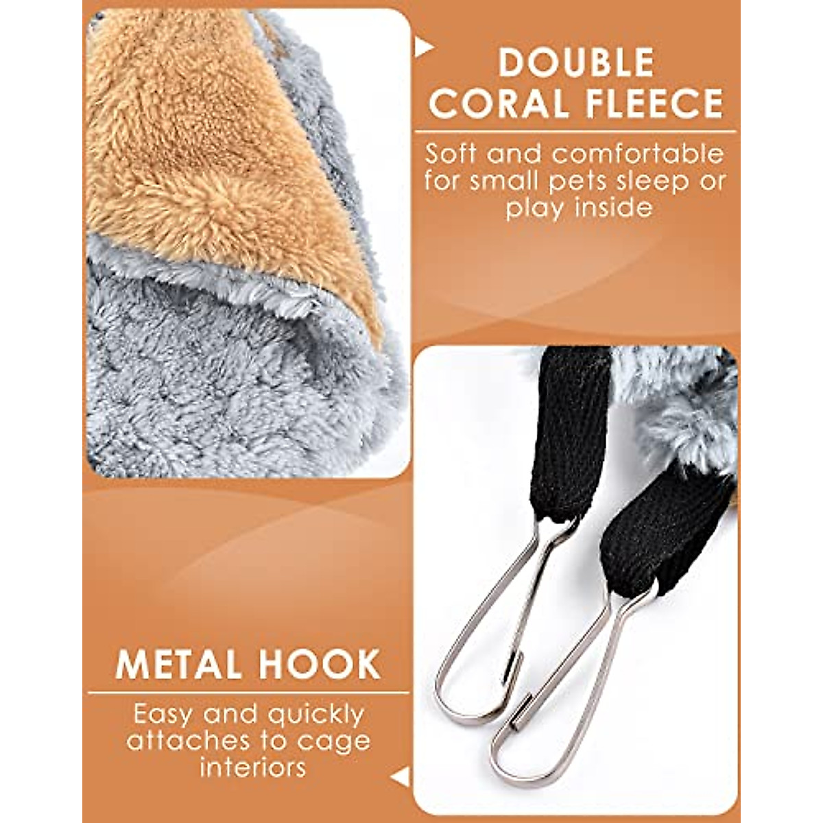 TINDTOP Small Animals Hammock, Ferret Sugar Glider Triple Bunk Bed Cage Warm Plush Hanging Hammock Bed Hideout for Hamster Guinea Pig Rat Ferret Chinchilla (Grey)