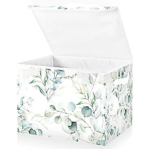 RunningBear Watercolor Green Leaves Large Storage Bins with Lid Collapsible Storage Bin Toy Storage Box Decorative Storage Box for Home Nursery Closet