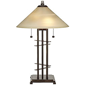 Franklin Iron Works Metro Collection 23 1/2" High Planes 'n' Posts Small Farmhouse Rustic Modern Accent Table Lamps Set of 2 Pull Chain Metal Amber Art Glass Shade Living Room Bedroom Bedside