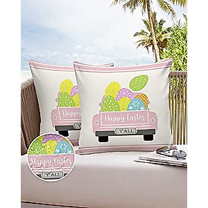 Outdoor Pillow Covers 24x24inch Spring Happy Easter Colorful Eggs Truck Waterproof Decorative Patio Garden Cushion Cover Pink Stripes Throw Pillow Case Set of 2 for Sofa Furniture Decoration