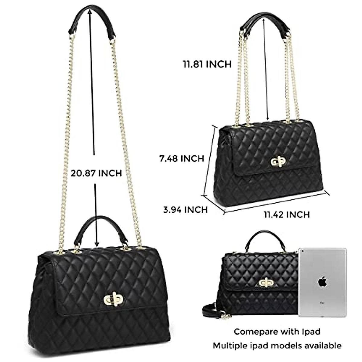 ER.Roulour Quilted Crossbody Bags for Women, Trendy Roomy Shoulder Handbags with Flap Gold Hardware Chain Purses Shoulder Bag Black