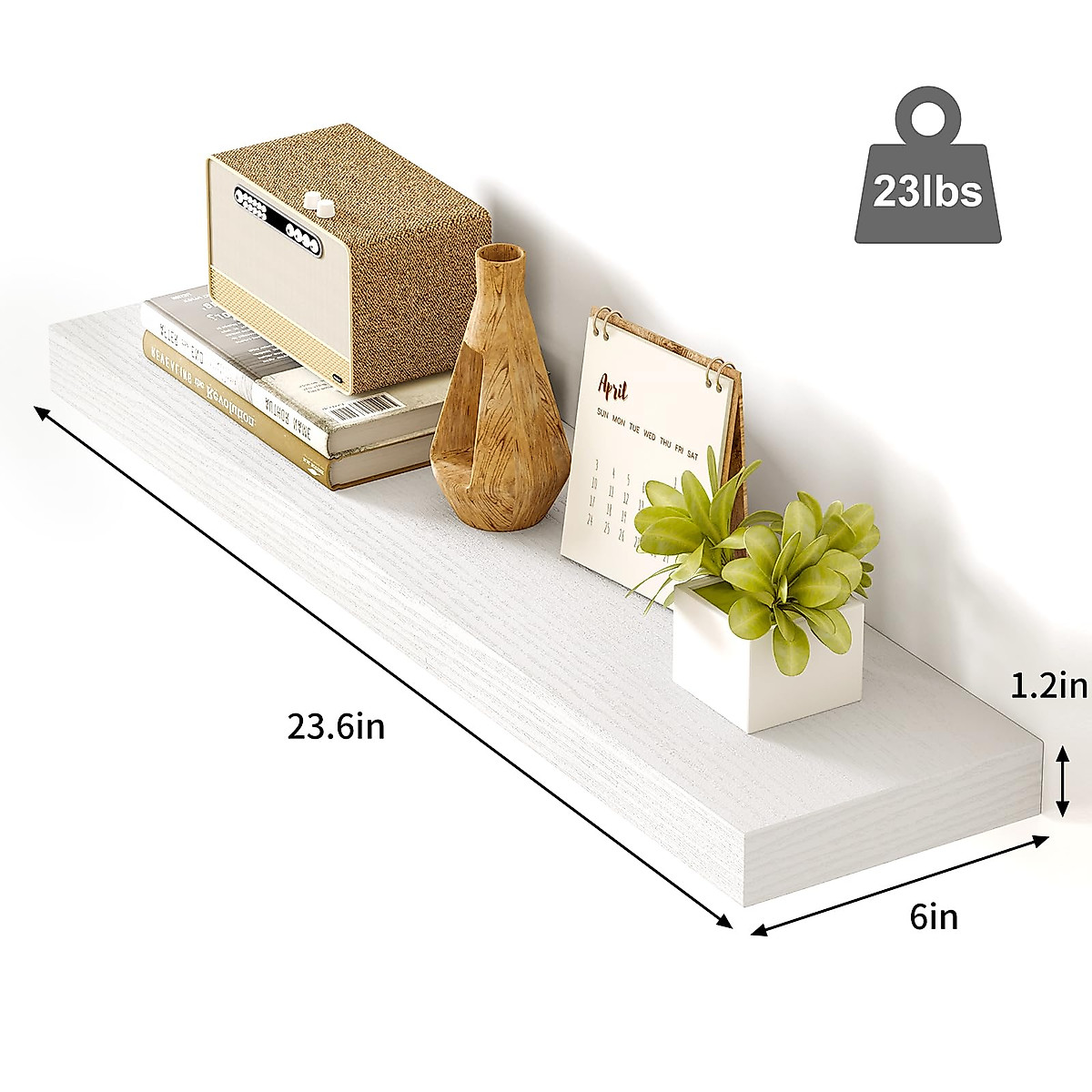 Fixwal 23.6in Floating Shelves for Wall, Set of 3 Wood Shelves, Wall Shelf Farmhouse Shelf for Bathroom, Bedroom, Living and Kitchen Room (White)