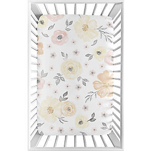 Sweet Jojo Designs Yellow and Pink Watercolor Floral Girl Fitted Mini Crib Sheet Baby Nursery For Portable Crib or Pack and Play - Blush Peach Orange Cream Grey White Shabby Chic Rose Flower Farmhouse