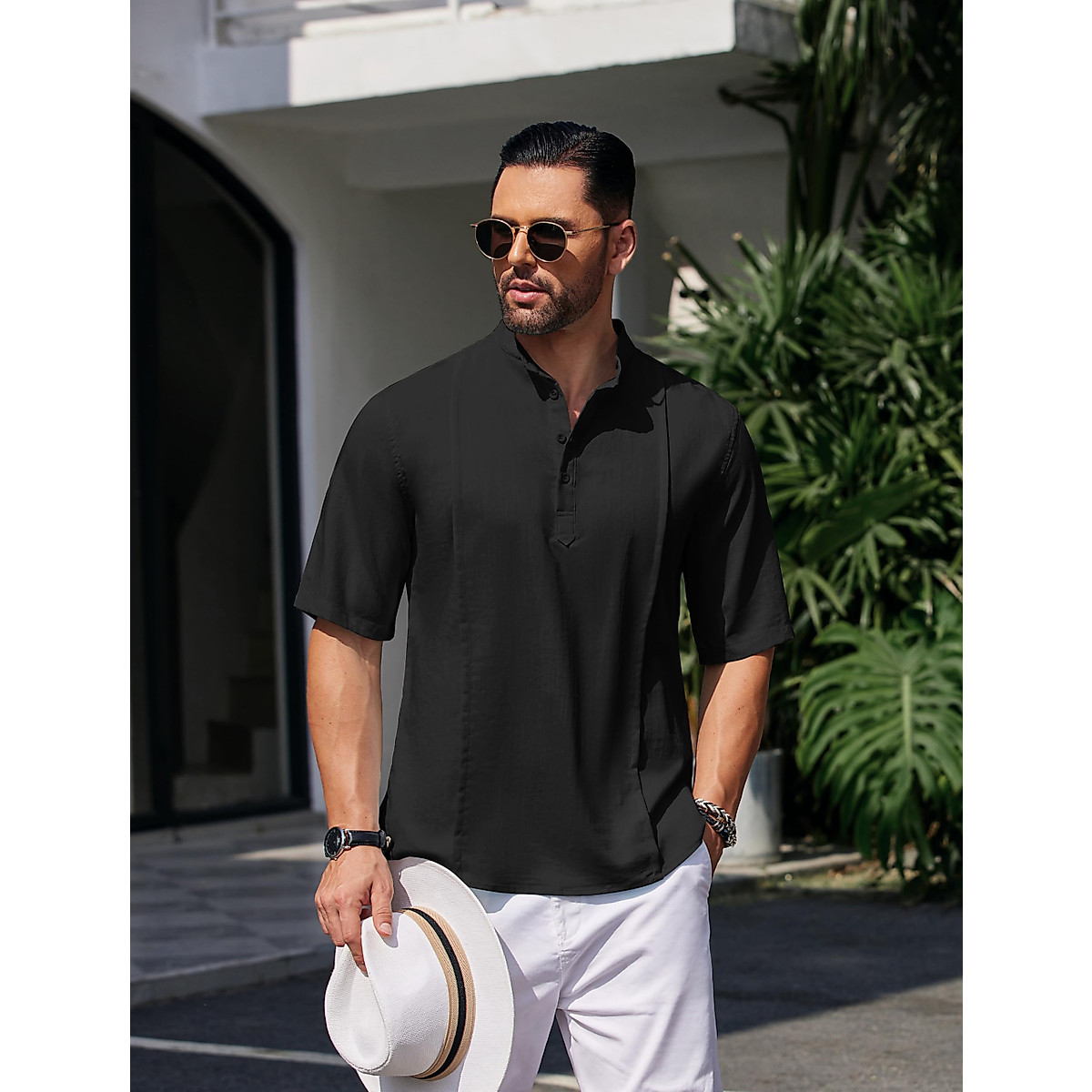 COOFANDY Men's Henley T-Shirts Short Sleeve Casual Band Collar Black Shirts Fashion Linen Tee Summer Beach Hippie Party Wear