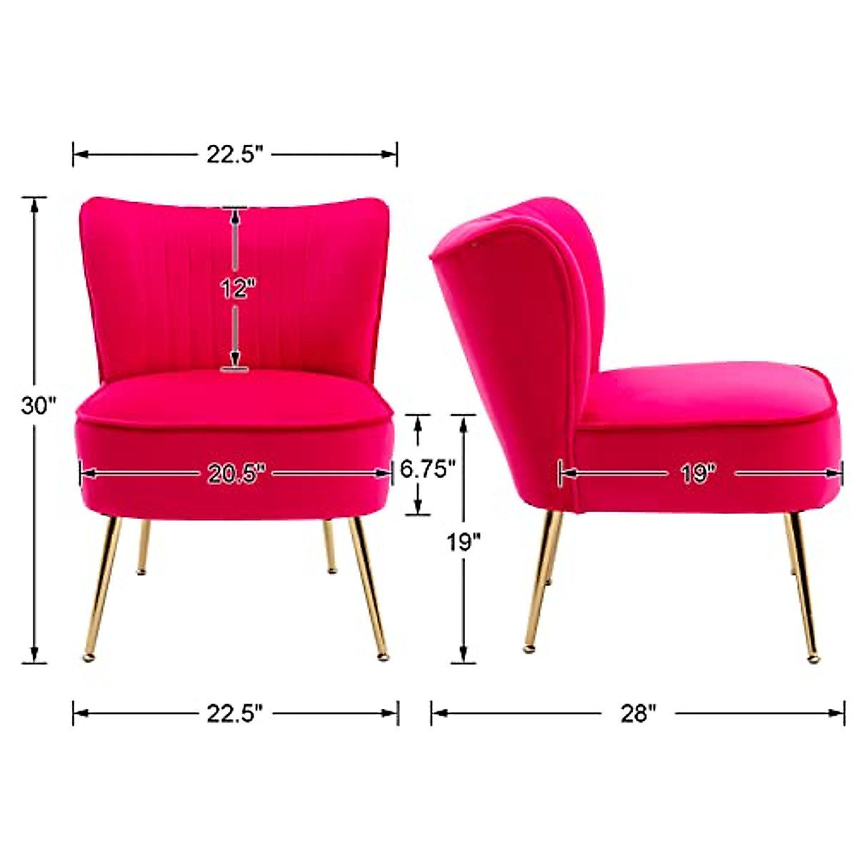 Shunzhi Velvet Accent Chairs Set of 2 Modern Upholstered Slipper Chairs with Golden Legs Comfy Armless Wingback Side Chairs Corner Chair for Bedroom/Dining Room/Living Room/Office,Rose Red