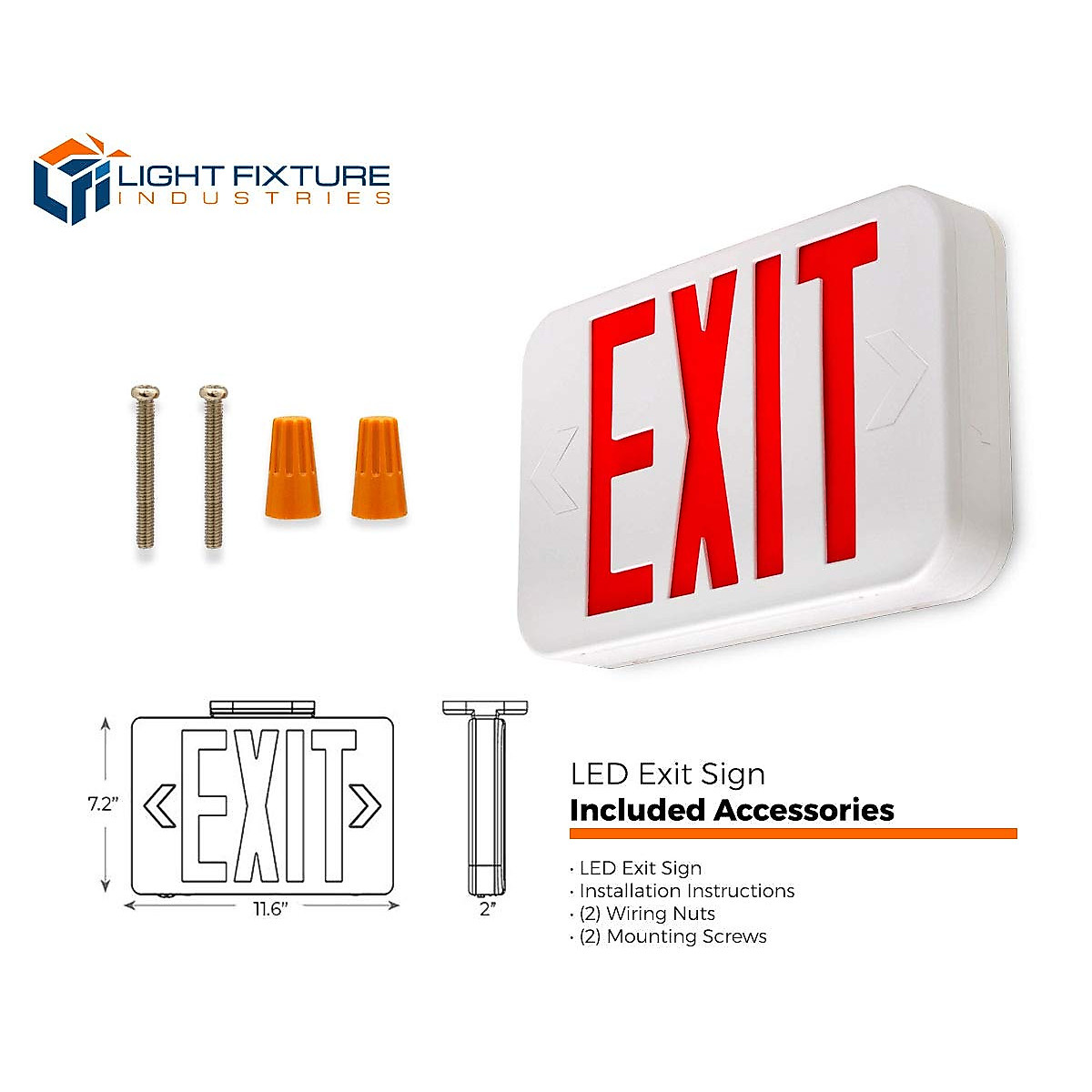LFI Lights | Red Exit Sign | All LED | White Thermoplastic Housing | Hardwired with Battery Backup | Optional Double Face & Knock Out Arrows | UL Listed | Contractor Standard | (2 Pack) | LEDJR-R