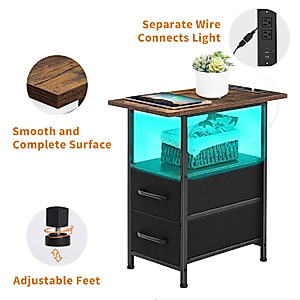 LAKEMID Narrow Side Table Set 2 with LED Light and USB C Port, Night Stand with Charging Station, Skinny End Table with 2 Fabric Drawers, for Bedroom, Living Room, Rustic Brown