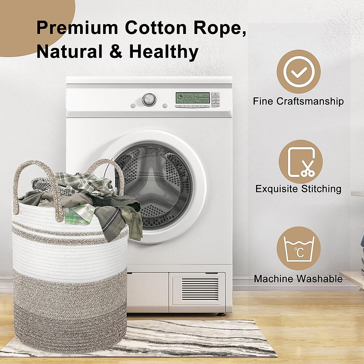 2 Pack Large Tall Rope Laundry Baskets, Cotton Laundry Hamper, Dirty Clothes Hampers Woven Basket, Blanket Basket Storage for Living Room, Dirty Clothes Baskets for Bedroom, Baby Room, 58L&28L Khaki