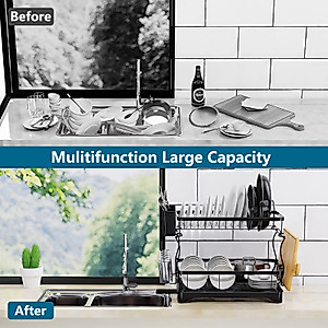 Johamoo Dish Drying Rack with Drainboard, 2 Tier Dish Rack for Kitchen Counter, Large Capacity Dish Drainer Set with Utensils Holder, Black